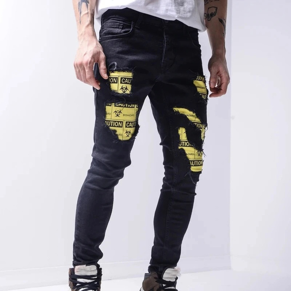Men's slim-fit ripped jeans patch patch long pants | Wish