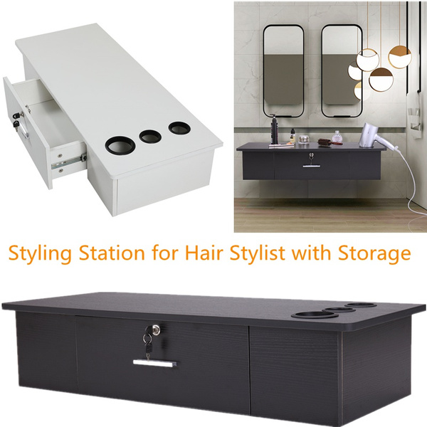 Classic Wall-Mounted Styling Station with Drawer and Tool Holes Salon ...
