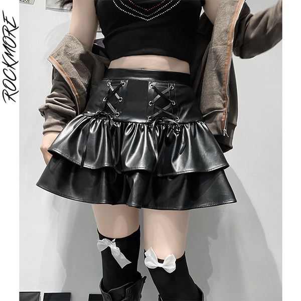 Rockmore Goth Pleated Leather Skirt Women Aesthetic High Waist Mini ...