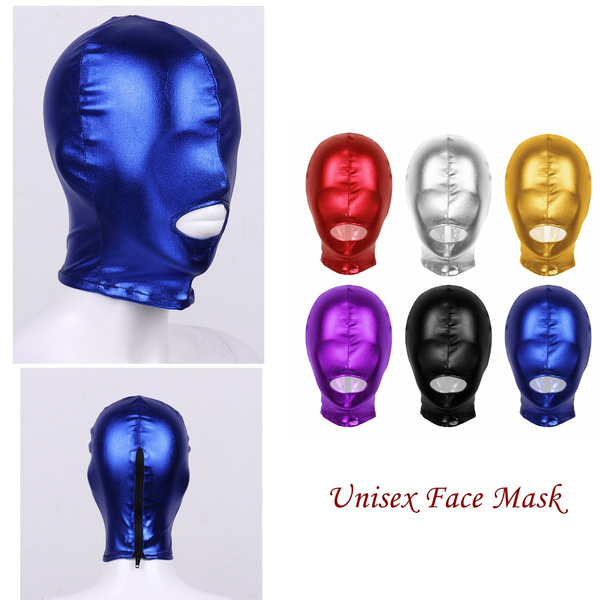 Men Women Shiny Metallic Headgear Open Mouth Hole Full Face Mask Hood ...