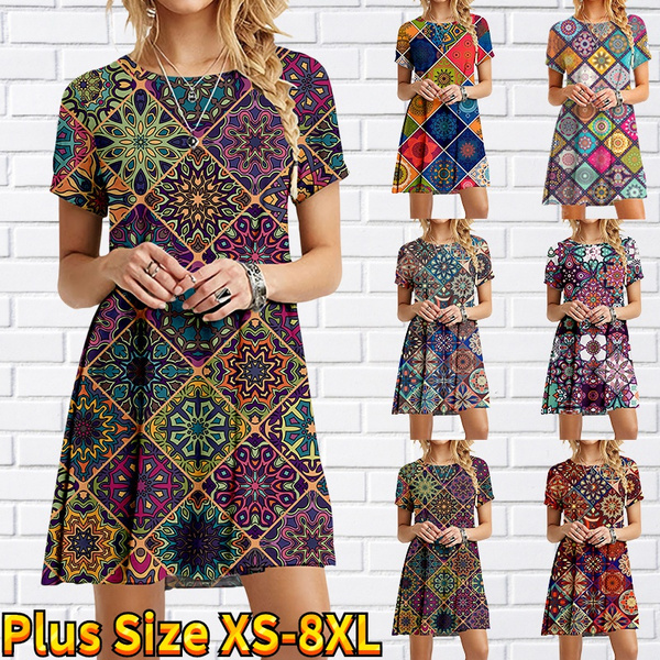Womens Fashion Casual Dress Summer Retro Splicing Printed Dress Ladies Round Neck Short Sleeve