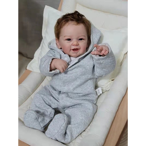 21 Inch Reborn Toddler Cute Smiling Face Baby Doll with Gray Jumpsuit ...