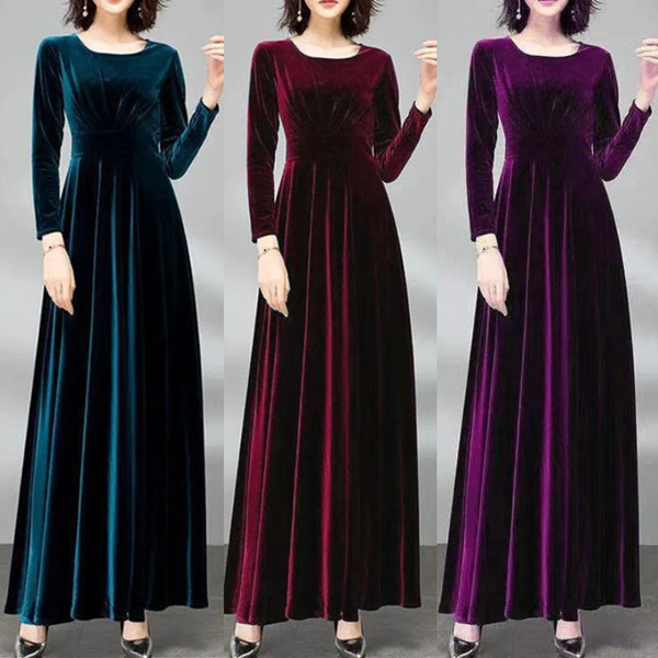 Women Velvet Maxi Dress Long Sleeve Crew Neck Pleated Stretchy Cocktail ...