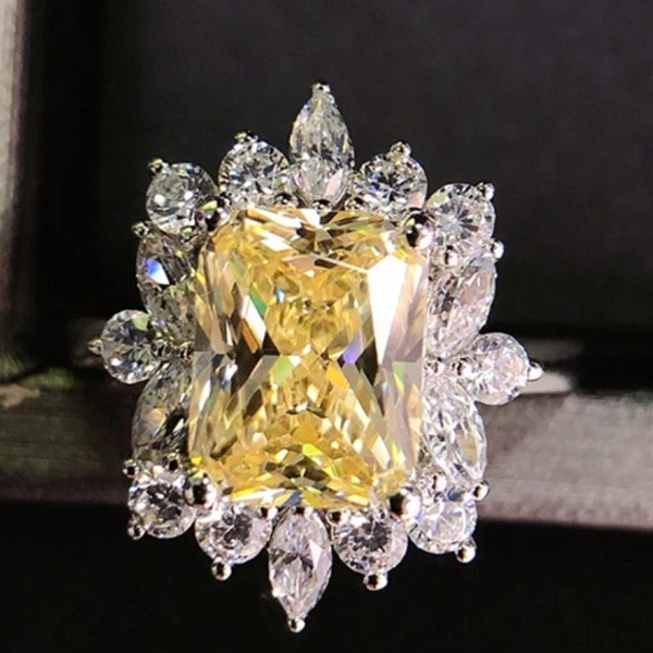 Fashion Women Flower Ring 925 Sterling Silver Square Citrine Vice Stone ...