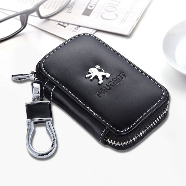 1pcs Leather Keychain Zipper Bag Car Logo Key Bag Key Rings for Peugeot ...