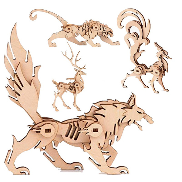 2 or 1 set DIY Wooden Puzzle Doll DIY Puzzle Blocks Deer Tiger Kirin ...