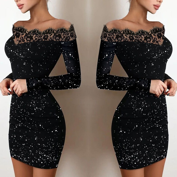 New Women Fashion Black Off Shoulder Glitter Contrast Lace Bodycon ...