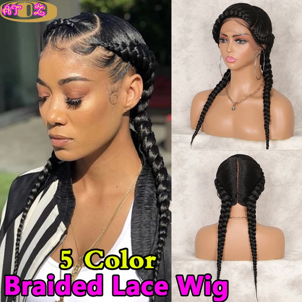 24'' Fully Hand-Braided Swiss Lace Front Dutch Twins Braided Wigs With ...