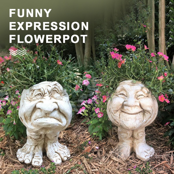 Humorous Old Couple Muggly Face Planter Grandpa Grandma Statue Flower ...