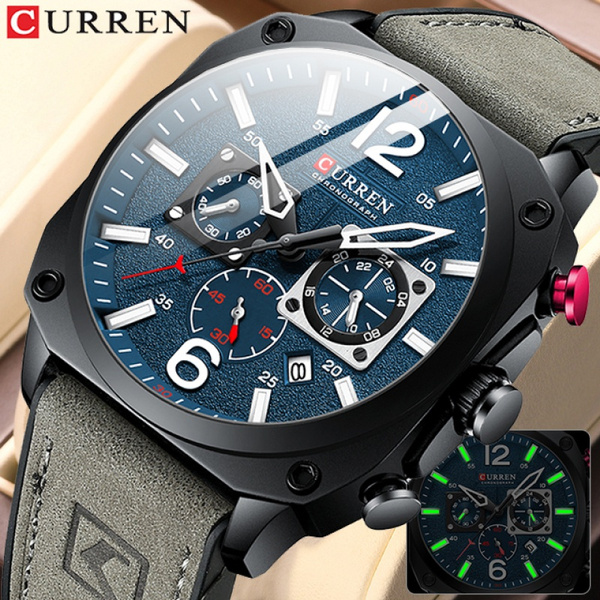 New CURREN Square Design Men Wristwatch Brown Leather Chronograph ...