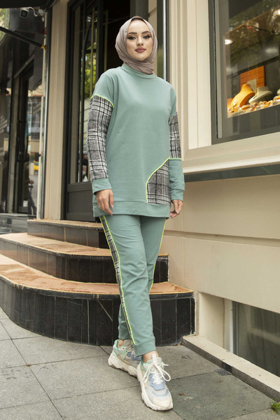 Plaid Detailed Hijab Tracksuit Set Tunic with Pants MUH-319 | Wish