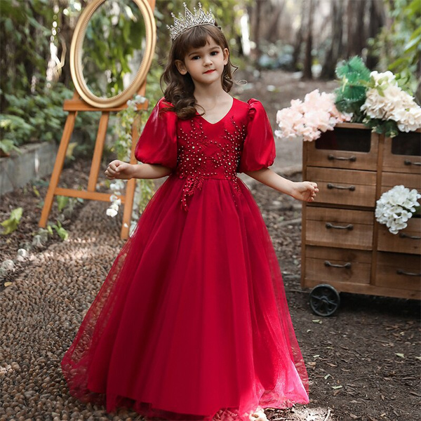 High Quality Kids Long Formal Prom Beads Girls Dresses for Wedding Bow ...