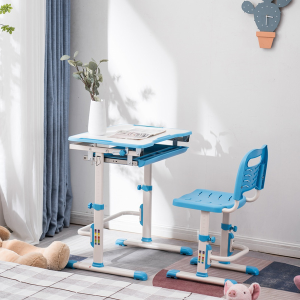 Student Desks and Chairs Set C Style White Lacquered White Surface Blue ...