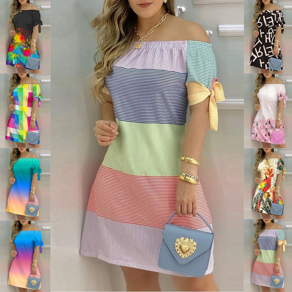 Women Summer Off Shoulder Print Mini Dress Short Sleeve Bow Tie A Line ...