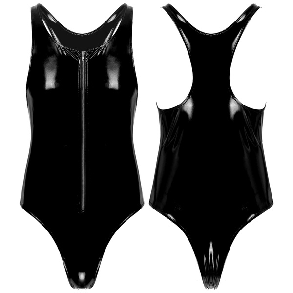 Mens Latex Catsuit Faux Leather Jumpsuits Stretch Zipper Bodysuits