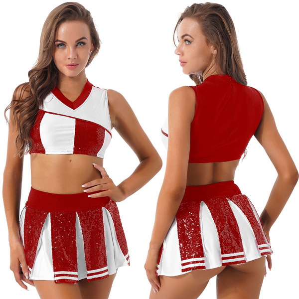 Women Schoolgirls Cheer Leader Uniform Crop Top with Pleated Skirt ...