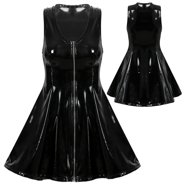 Womens Wet Look PVC Plus Size Flared Celebrity Skater Dress | Wish