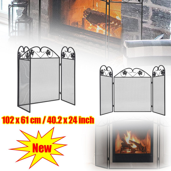 Indoor Fireplace Screen 3 Panel Pewter Wrought Iron Large Screen ...