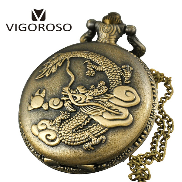 Vintage Mystical Dragon Engrave Quartz Pocket Watch Bronze Steel with ...