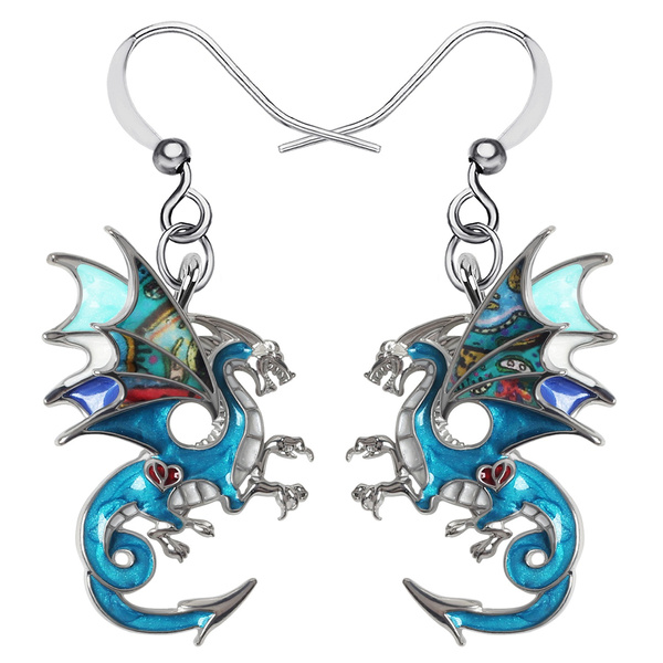 Enamel Metal Flying Dragon Earrings Drop Dangle Novelty Fantasy Dinosaur Charms Jewelry For ...