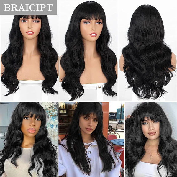 Braicipt Stylish Long Black Wavy Wigs with Bangs Body Curly Hair Wigs for Women and Adjustable ...
