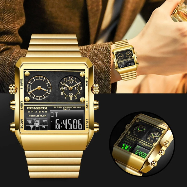 LIGE FOXBOX Luxury Gold Watch Quartz Men Watches Full Steel Square ...