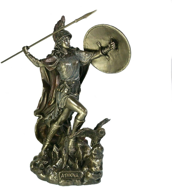 Goddess Athena w/Medousa Shield Throwing Javelin - Owl of Wisdom Statue ...