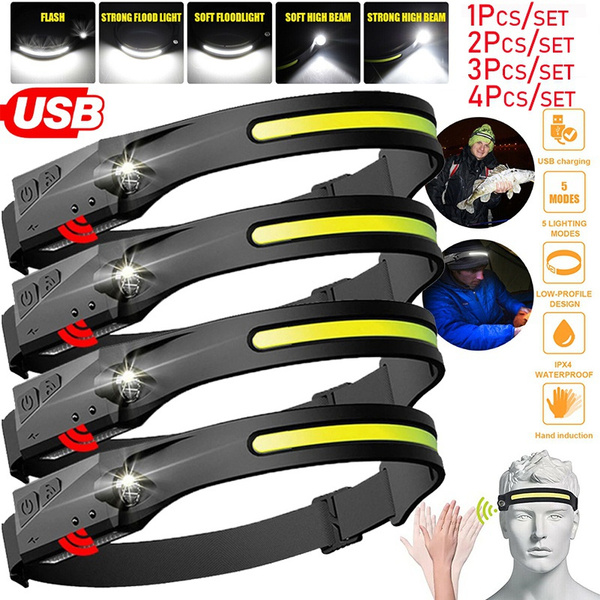 1/2/3/4Pcs USB Rechargeable 5 Lighting Modes COB LED Headlamp Sensor ...
