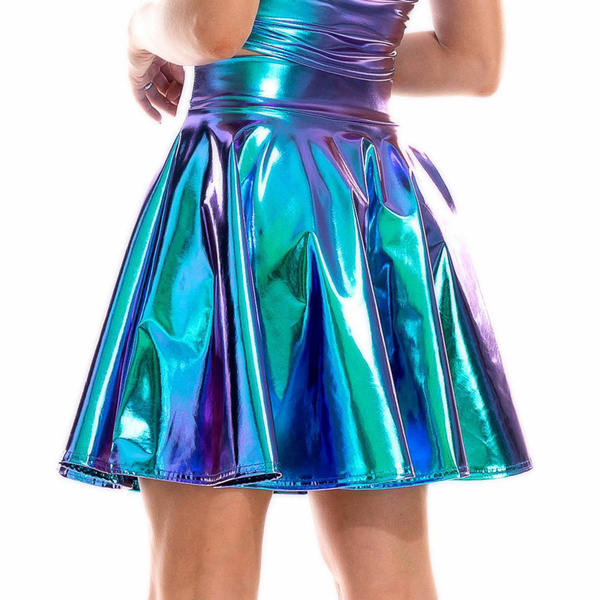 Womens Shiny Flared Pleated Mini Skater Skirt Wish