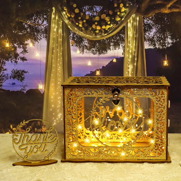 Gold Wedding Card Box with Lock, Wood Gift Card Box Holder with Clear ...
