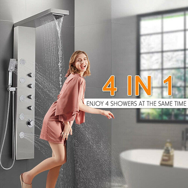 Brushed Nickel/ Black Shower Panel Waterfall Rain Shower Faucet Set SPA ...