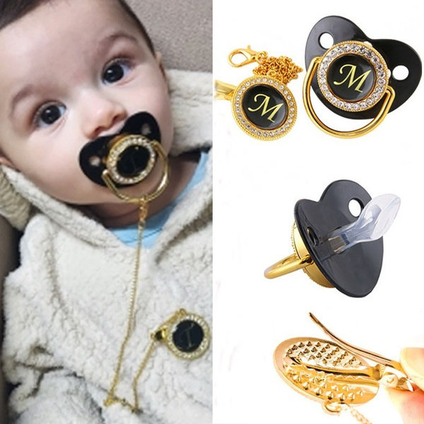 Luxury Black Bling Baby Pacifier And Clip Alphabet Letter M Infant ...
