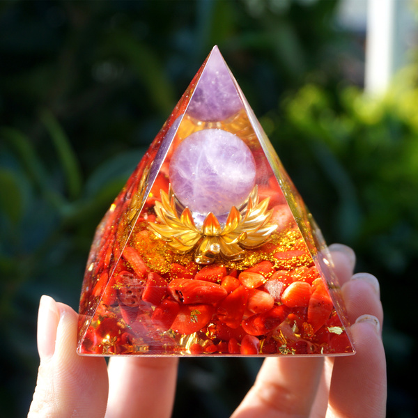 Crystal Pyramid Orgone Pyramids Flower of Life Amethyst Quartz with Red ...