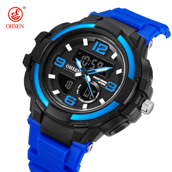 OHSEN Digital Quartz Men Wristwatch Stopwatch LED Dual Time Blu ...