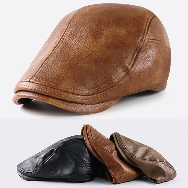 Men's Leather Leather Beret Hunting Cap Beanie Trucker Leather Cap Mens ...