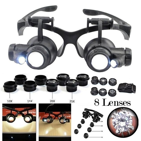 8 Lens 10/15/20/25X LED Eye Jeweler Watch Repair Magnifying Glasses ...