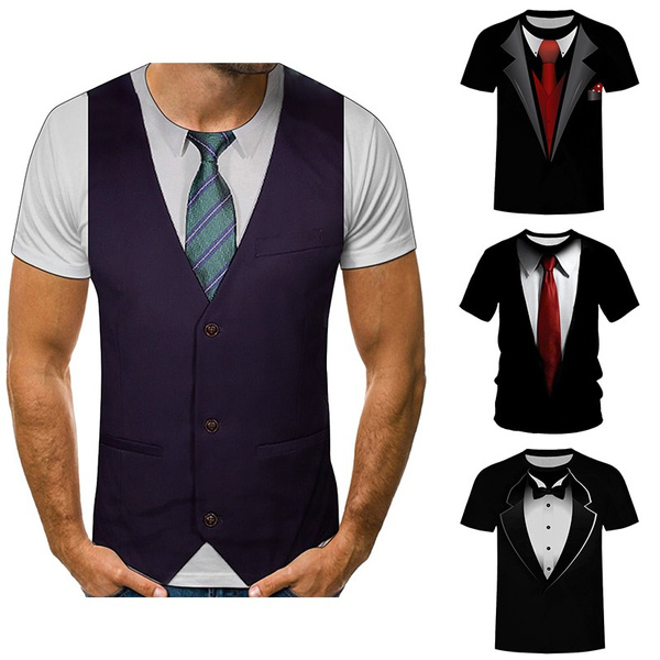 Men's Classic Tuxedo Funny 3D Print Fake Suit T-Shirt Short Sleeve ...