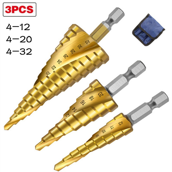 3PC Spiral Groove Step Drill Bit Set Step Cone Drill Titanium Coated ...