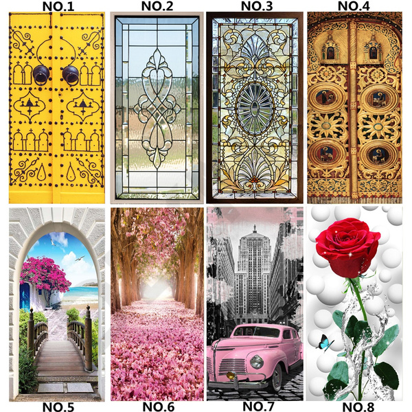 Door Wallpaper Sticker 3D Glass Luxury Living Room Art Rose Door Poster ...