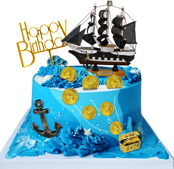 14PCS Pirate Theme Cake Topper Nautical Sail Ship Birthday Cake Topper ...