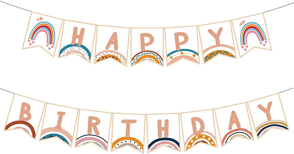Boho Rainbow Birthday Banner - Bohemian Rainbow Theme Happy Birthday ...