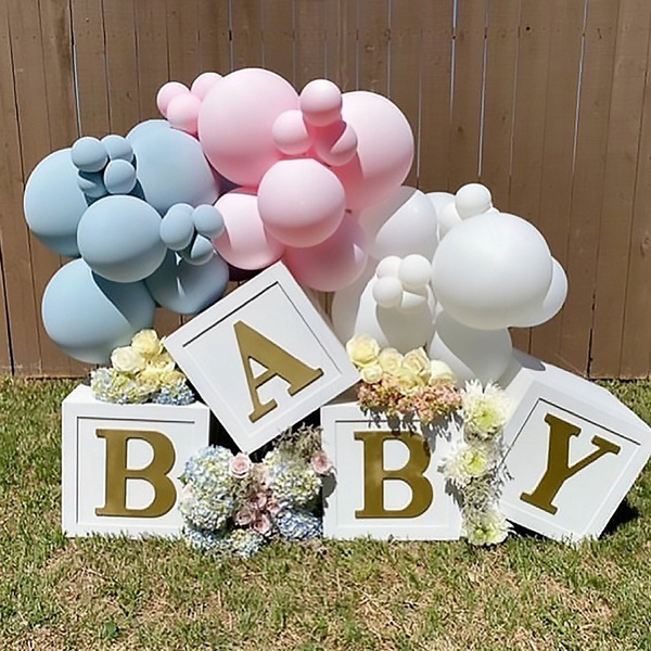 White Baby Balloon Boxes with Gold "BABY" Letters Baby Shower Boxes for ...