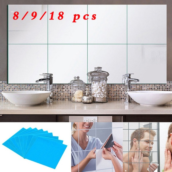 8/9/18 pcs Square Mirror Wall Stickers Decorative Self-adhesive Tiles ...