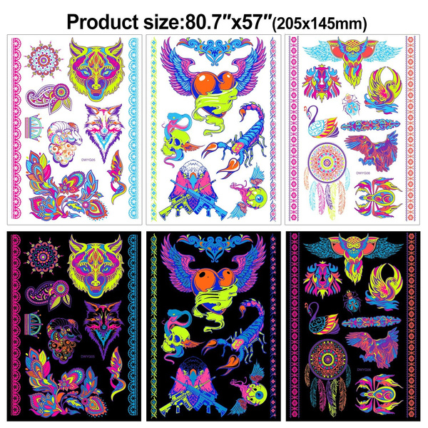 8 Large Sheets Neon Temporary Tattoos, 100+ Shimmer Designs Glow UV ...
