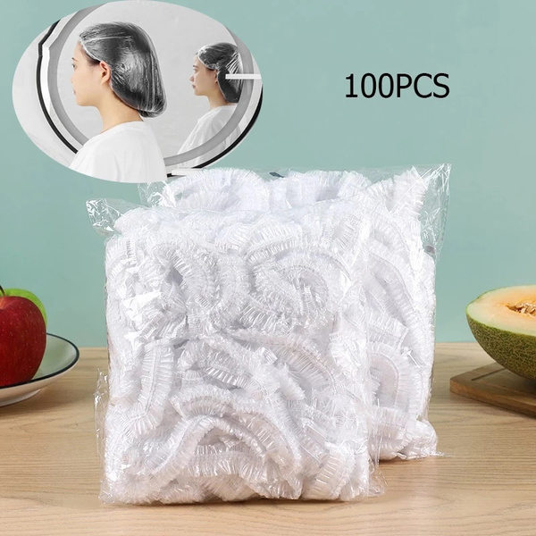 100 Pcs Disposable Shower Cap Plastic Waterproof Headgear Hotel Hair ...