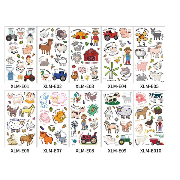 10 Sheets Farm Animals Temporary Tattoo Sticker Petting Cow Horse ...
