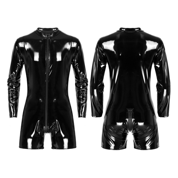 Men's PVC Leather Long Sleeve Leotard Zipper Bodysuit Jumpsuit | Wish