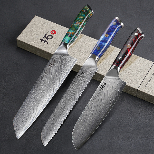 TURWHO 3-Pieces Kitchen Knife Set Professional Japanese Damascus Steel ...