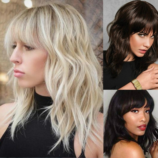 Natural Woman Creamy Blonde Waves with Bangs Middle Length Wavy Curly ...