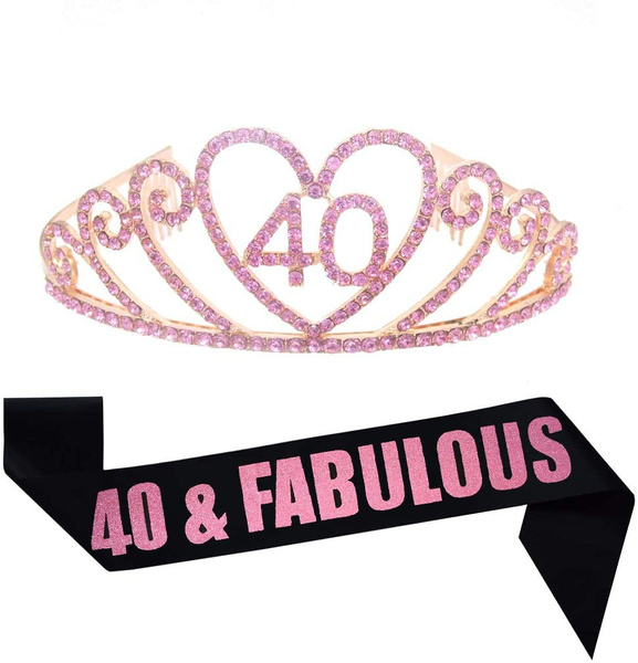 40th Birthday Pink Tiara and Black Sash Glitter Satin Sash and Crystal ...